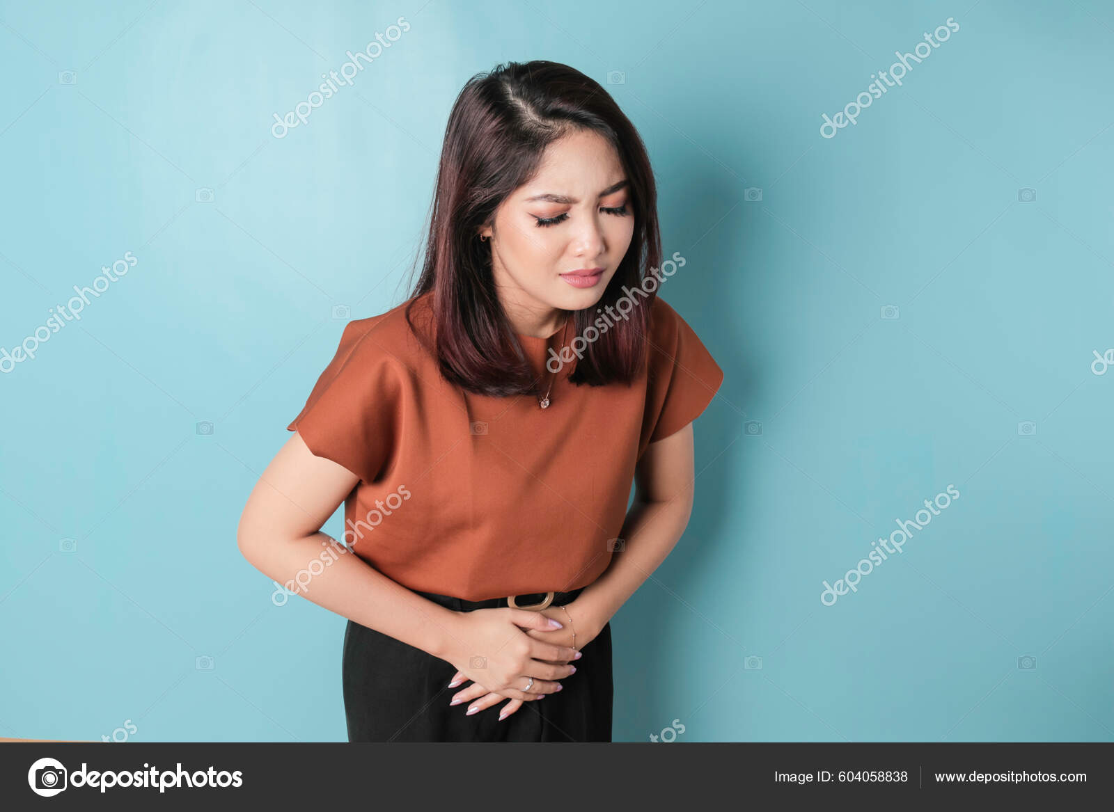 Photo Young Unwell Sick Ill Woman Hold Hand Stomach Suffers — Stock ...
