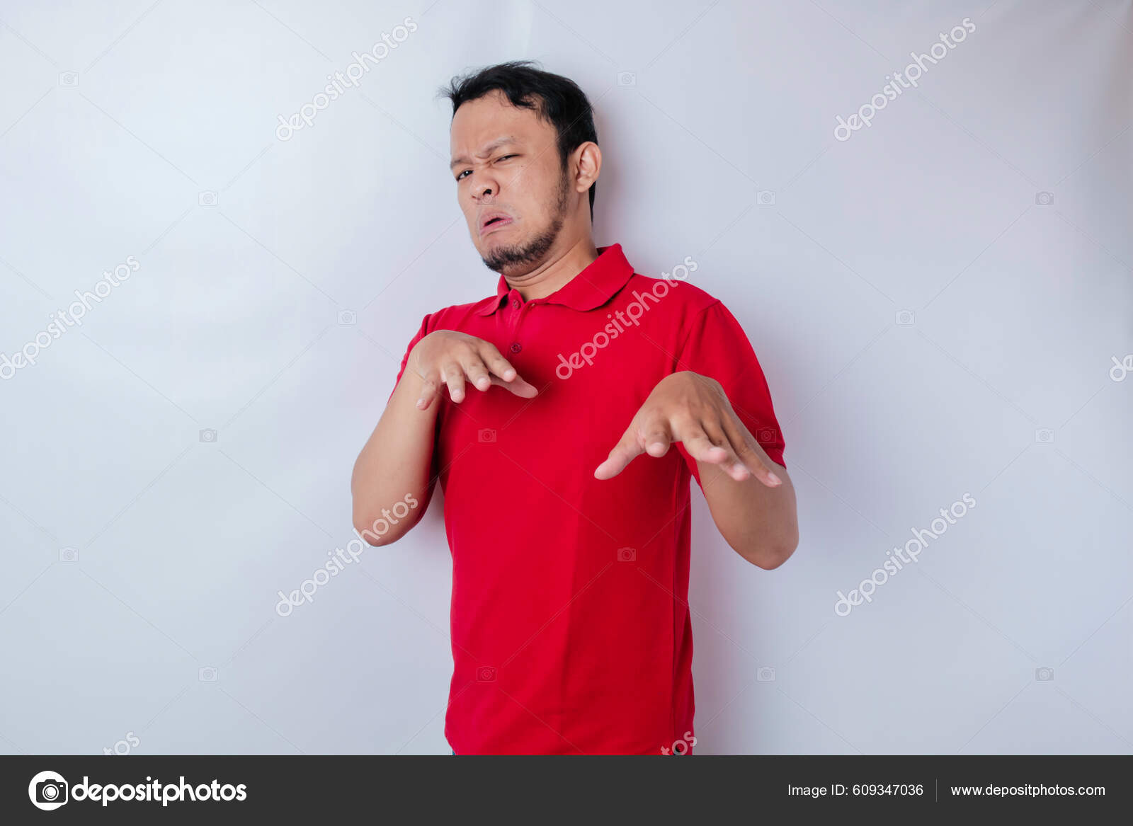 Attractive Asian Man Hand Gesture Pose Rejection Prohibition Copy Space ...