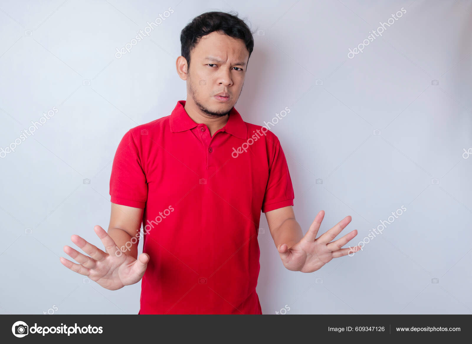 Attractive Asian Man Hand Gesture Pose Rejection Prohibition Copy Space ...