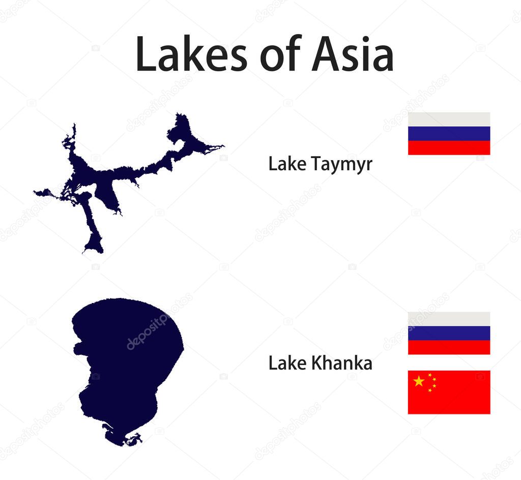 un conjunto de siluetas de los lagos más grandes de Asia Khanka, Taymyr ...