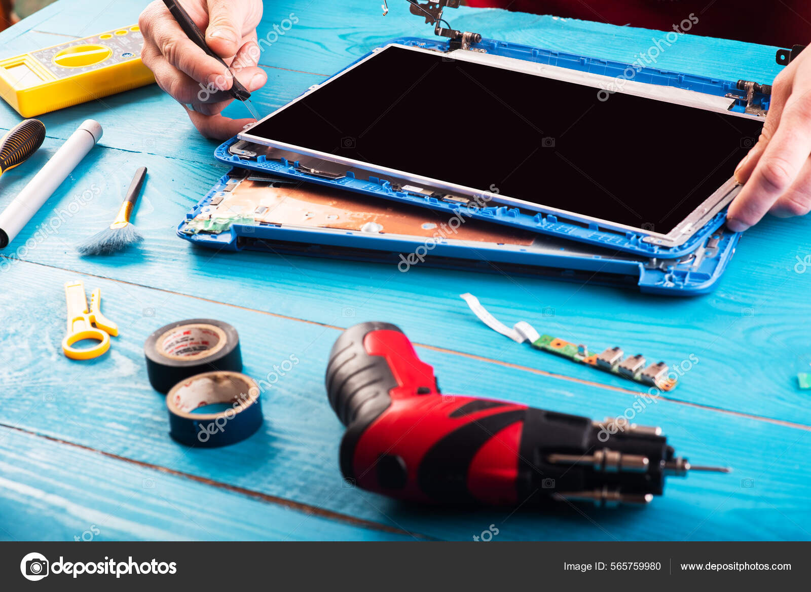 Wizard Restores Laptop Blue Wooding Table Top View Disassembly Laptop ...