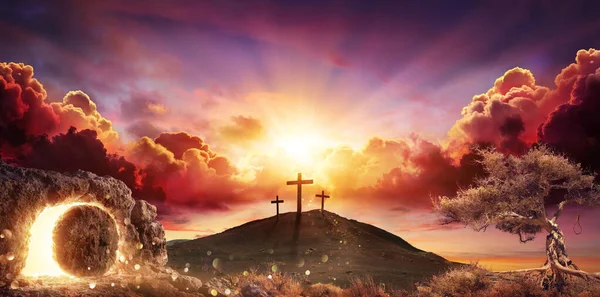 Crucifixion Sunrise Empty Tomb Shroud Resurrection Jesus Christ — Stock ...
