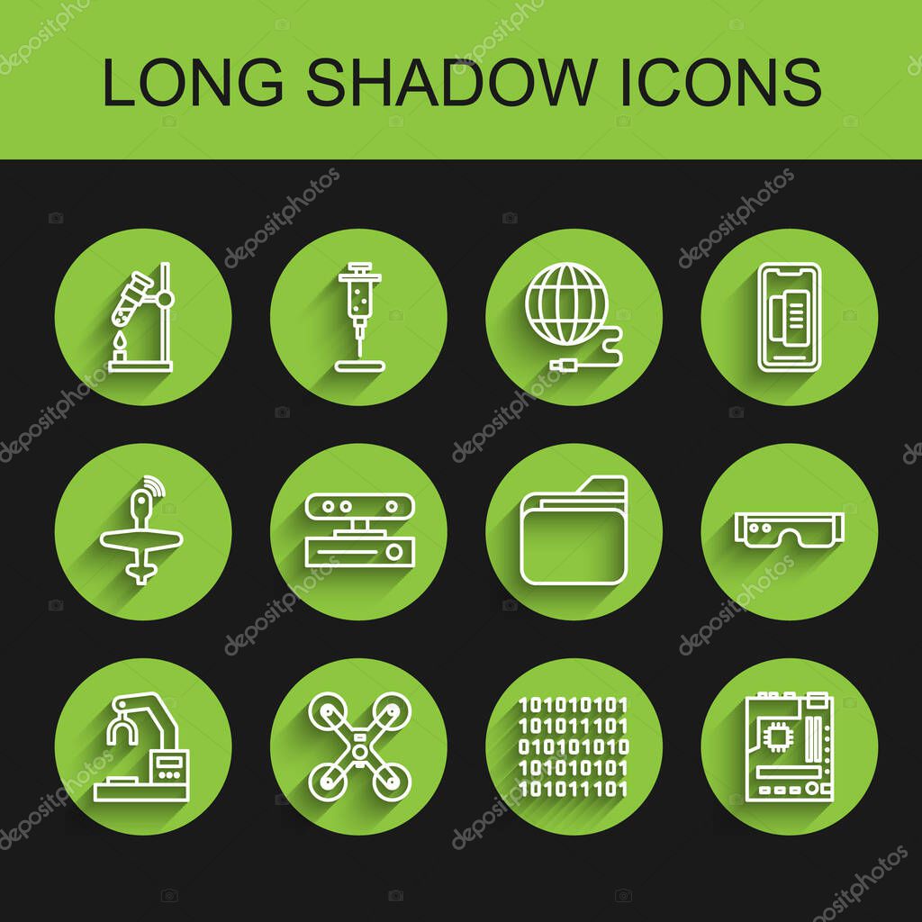 Set line Robotic robot arm hand factory, Drone flying, Test tube flask ...