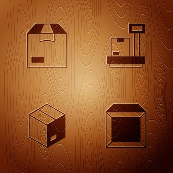 Set Unboxing, Carton cardboard, Cardboard with clock and Envelope on wooden background. Vector ...