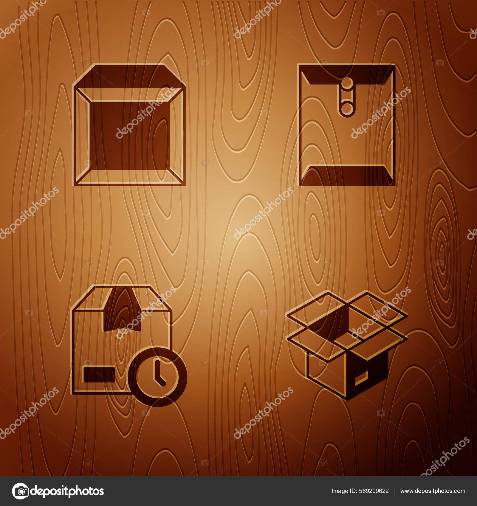 Set Unboxing, Carton cardboard, Cardboard with clock and Envelope on ...