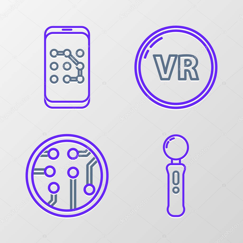 Establecer línea Gamepad Processor Realidad virtual e icono de protección de contraseña móvil y ...