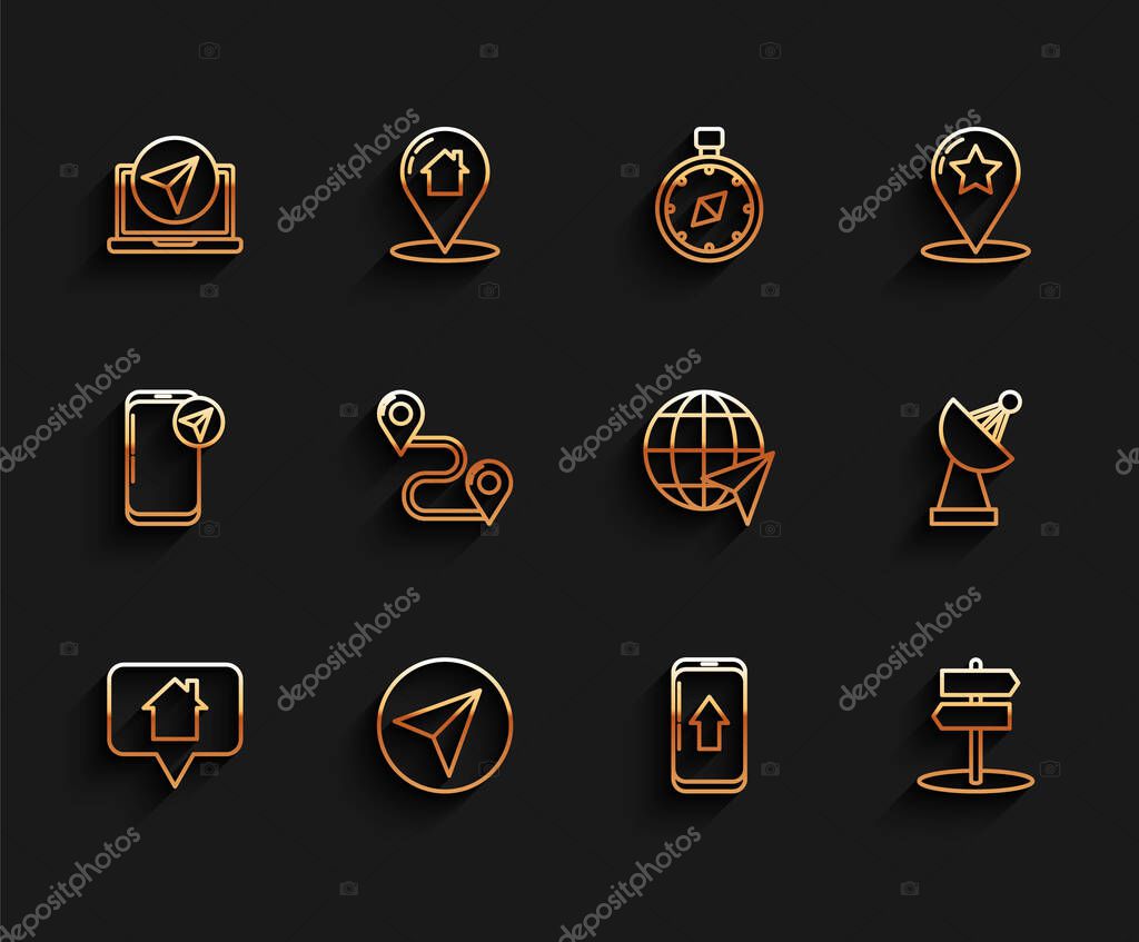 Set line Map pointer with house Paper airplane Infographic of city map navigation Road traffic ...