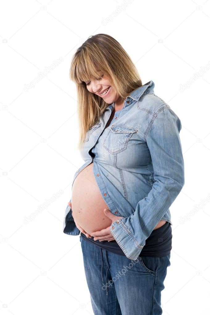 Happy Latin Pregnant Woman Touching Her Big Tummy Or Belly — Stock
