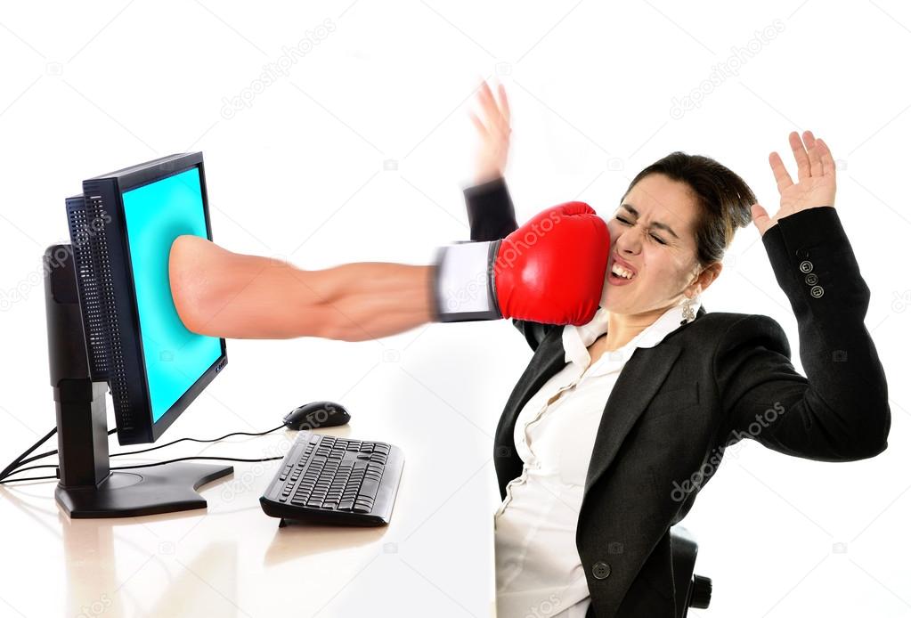 Woman with computer hit by boxing glove social media cyber mobbing ...