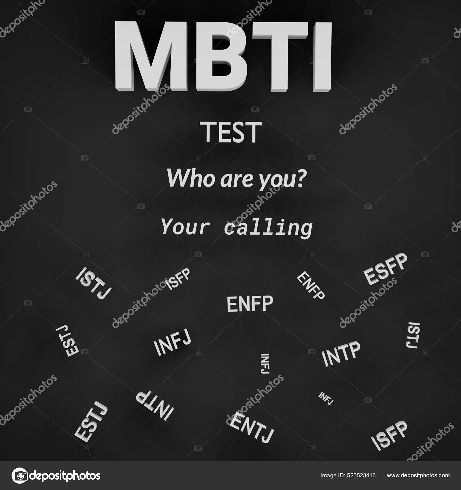 Prueba MBTI. Las letras blancas están aisladas sobre un fondo negro ...