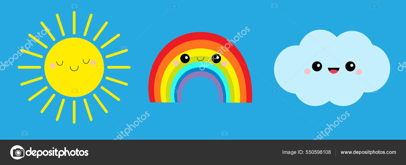Sun Rainbow Cloud Icon Set Line Cute Cartoon Kawaii Funny Stock Vector ...