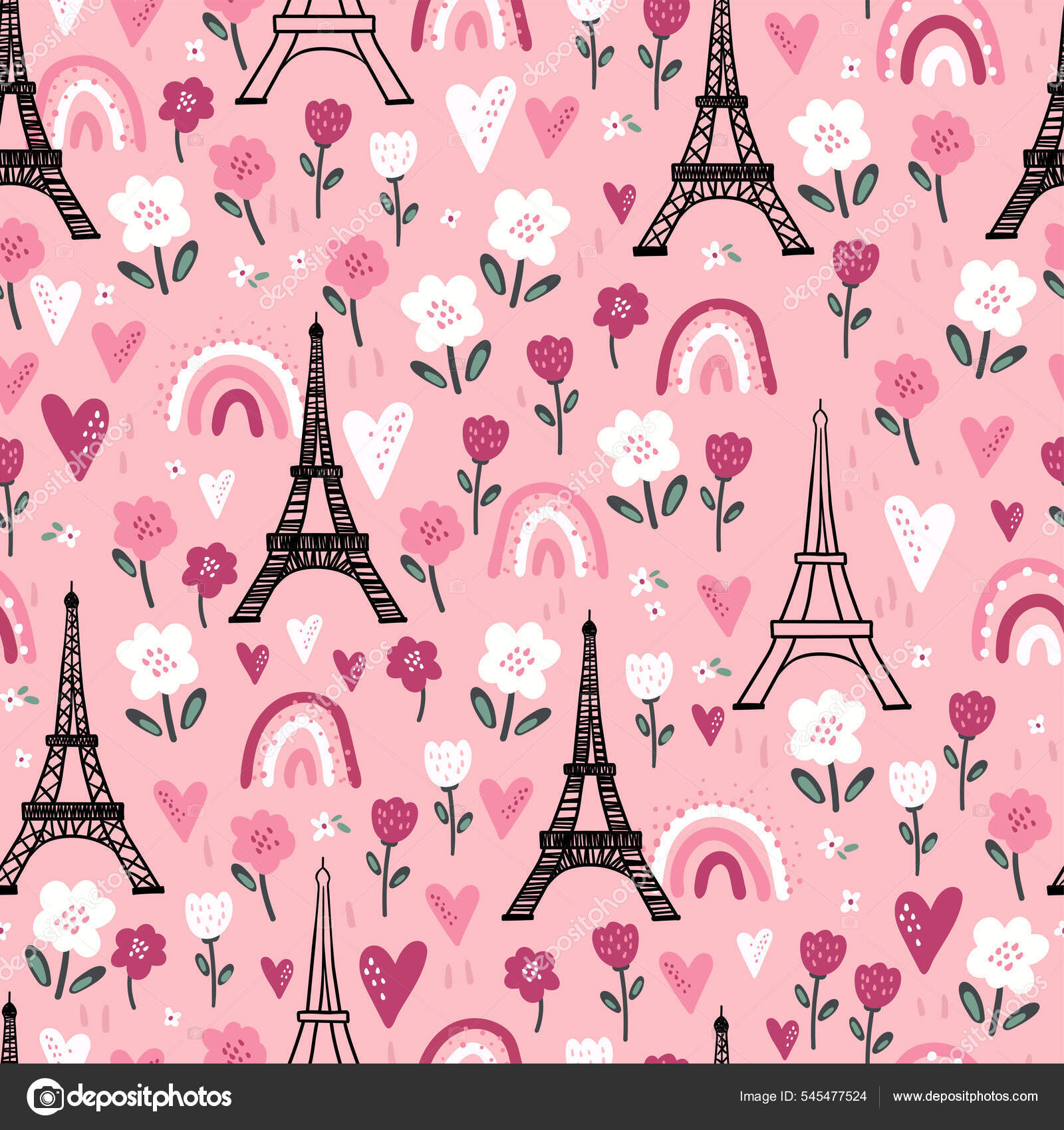 Romantic Hand Drawn Eiffel Tower Seamless Pattern Great Valentine's Day ...