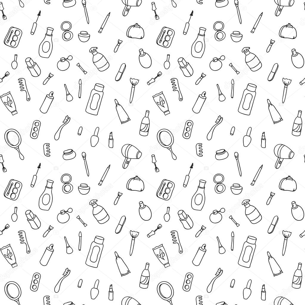 Cosmetics and beauty products icons. Vintage seamless patterns with ...