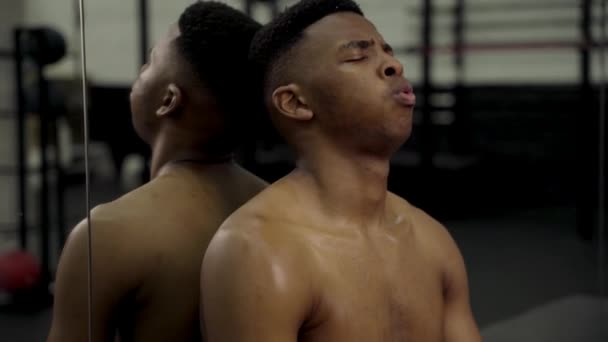 Shirtless Muscular Young Black Man Smiling While Scrolling Mobile Phone — Stock Video © Stratfo ...