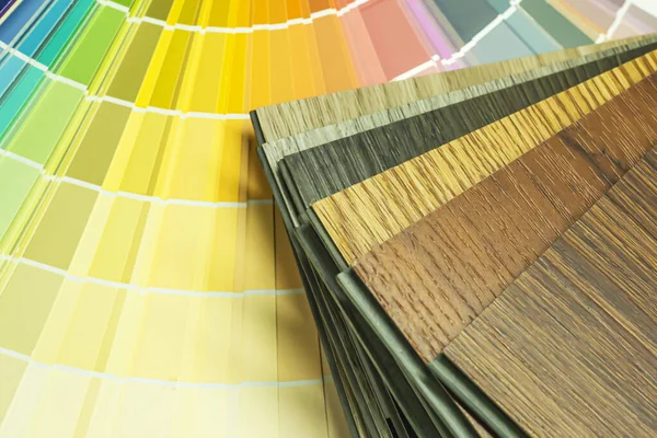 Examples of ready-made vinyl flooring for interior work - Stock Image ...
