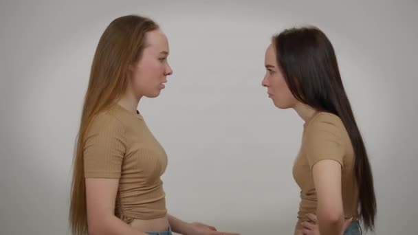 Side view furious angry twin sisters yelling shouting gesturing arguing ...