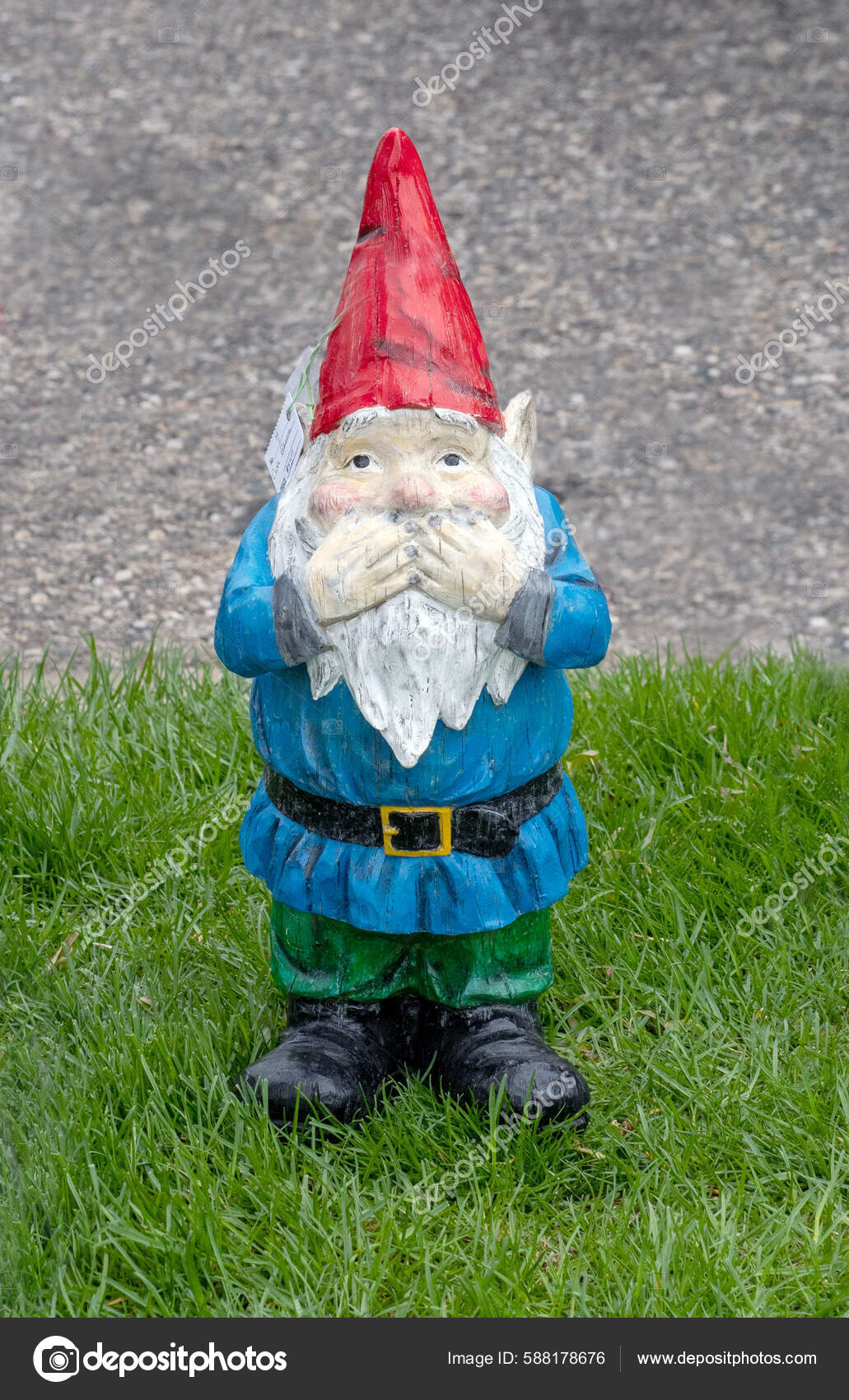 Naughty Gnome Statue Stands Embarrassment Hands His Mouth — Stock Photo ...