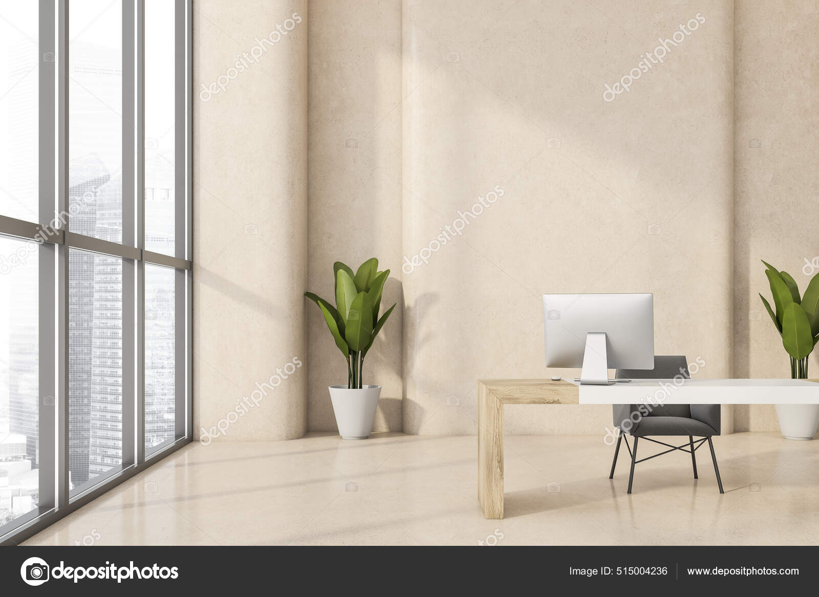 Light Beige Office Sparse Design Using Wood Office Desk Grey — Stock ...