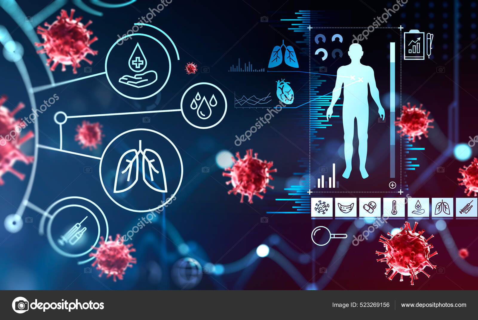 Digital Interface Hologram Human Body Hud Icons Lungs Pills Thermometer ...