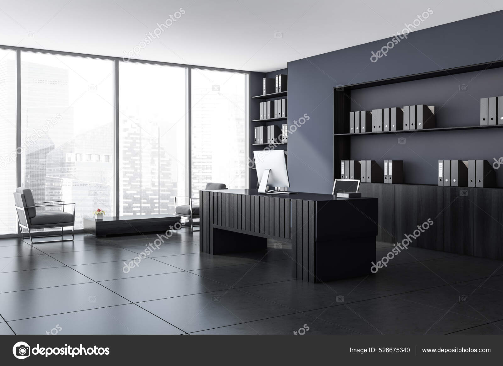 Dark Office Room Interior Panoramic Window Desktop Bookshelf Folders ...