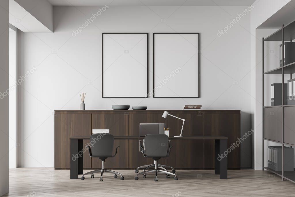 Cuarto de oficina blanco interior con sillón y escritorio con ...