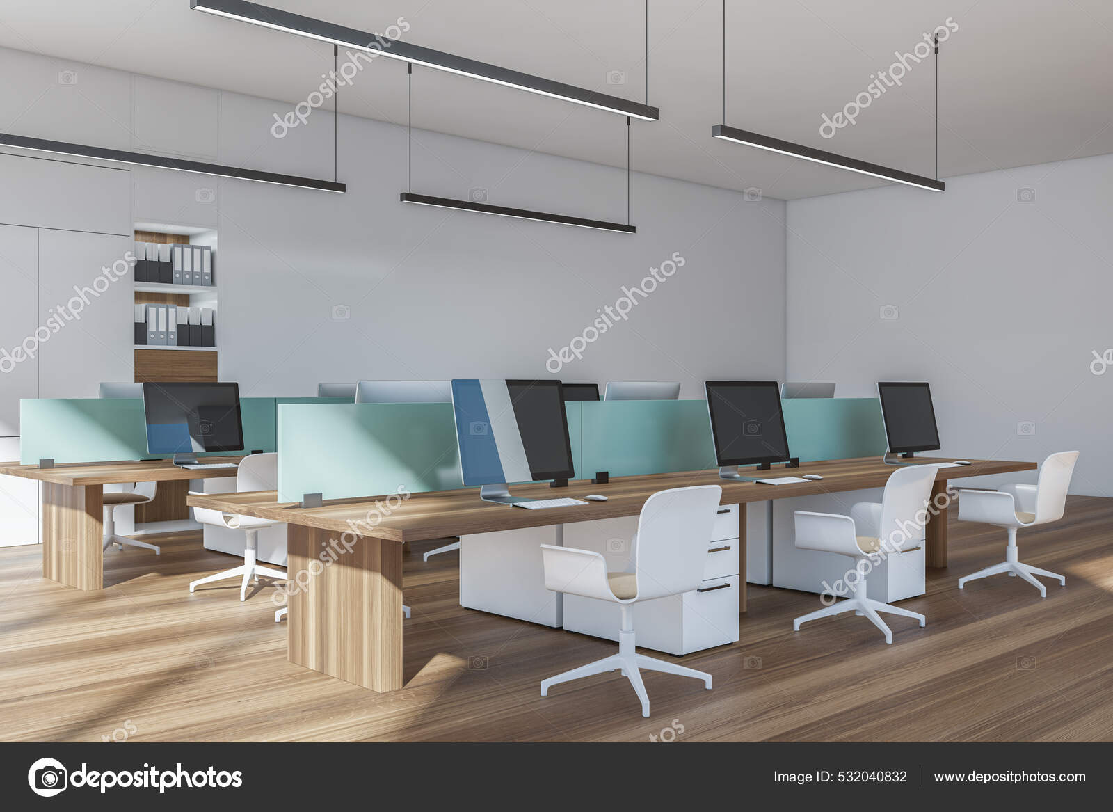 Modern White Office Linear Lights Green Details Interior Design Using ...