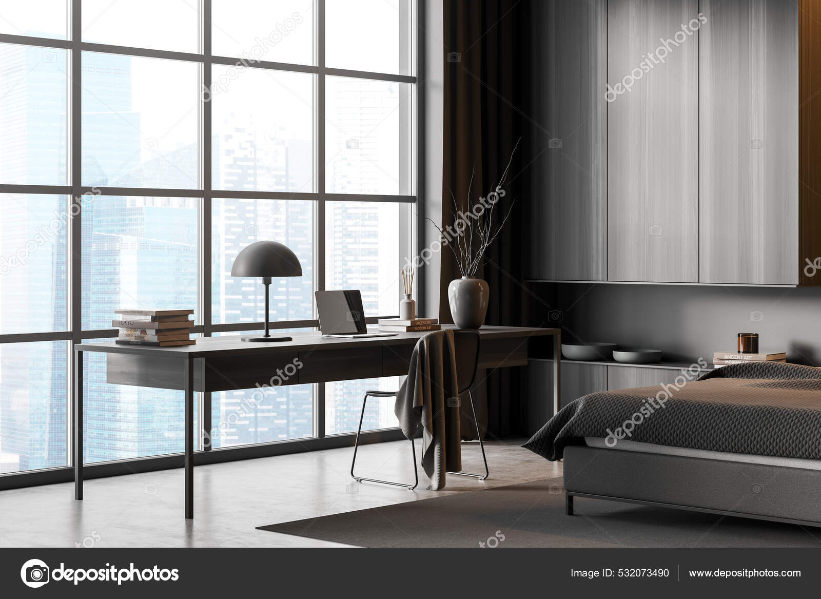 Grey Workspace Modern Bedroom Interior Home Office Desk Chair Panoramic ...