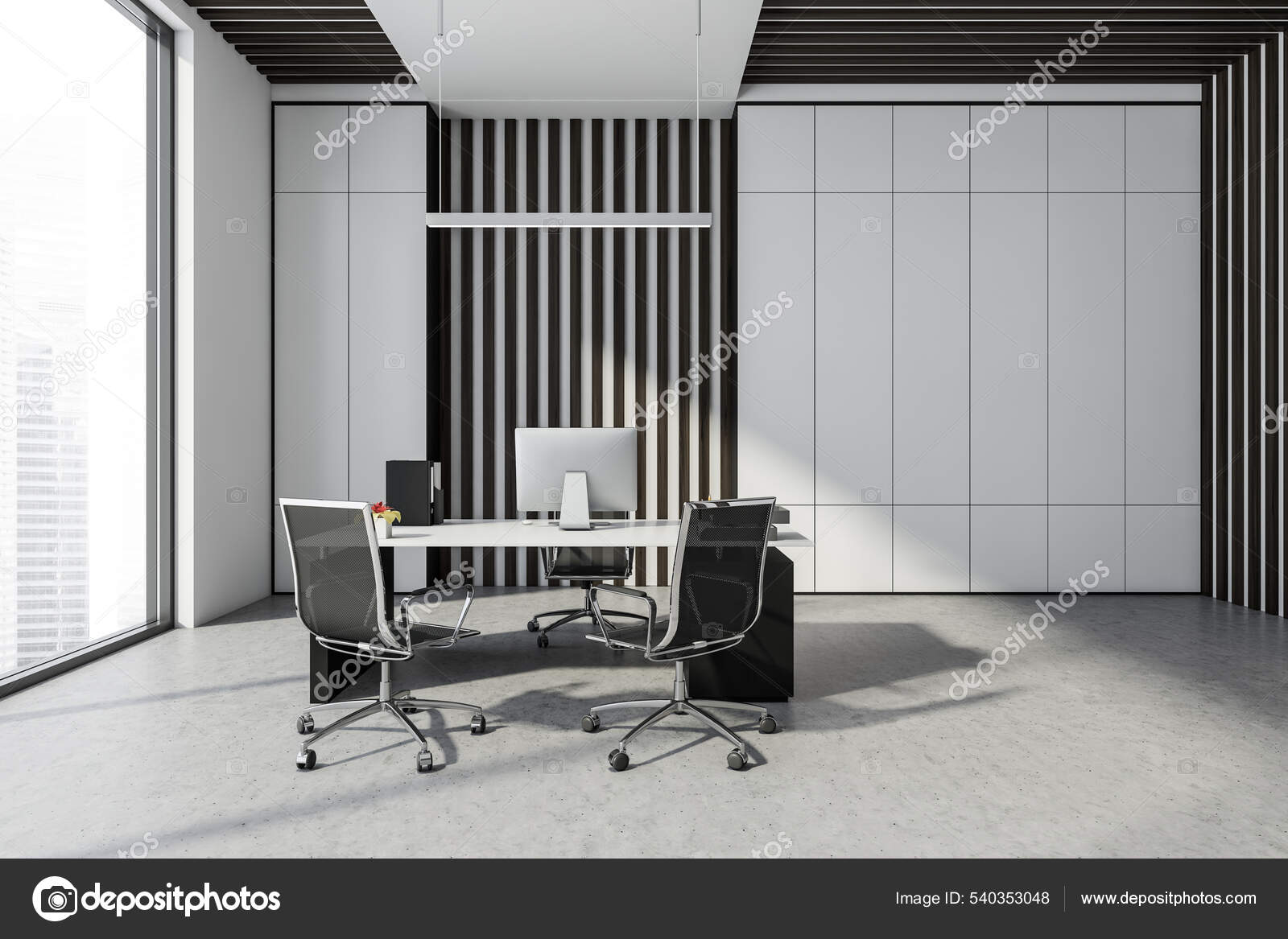 White Office Interior Manager Desk Seats Visitors Minimalist Style ...