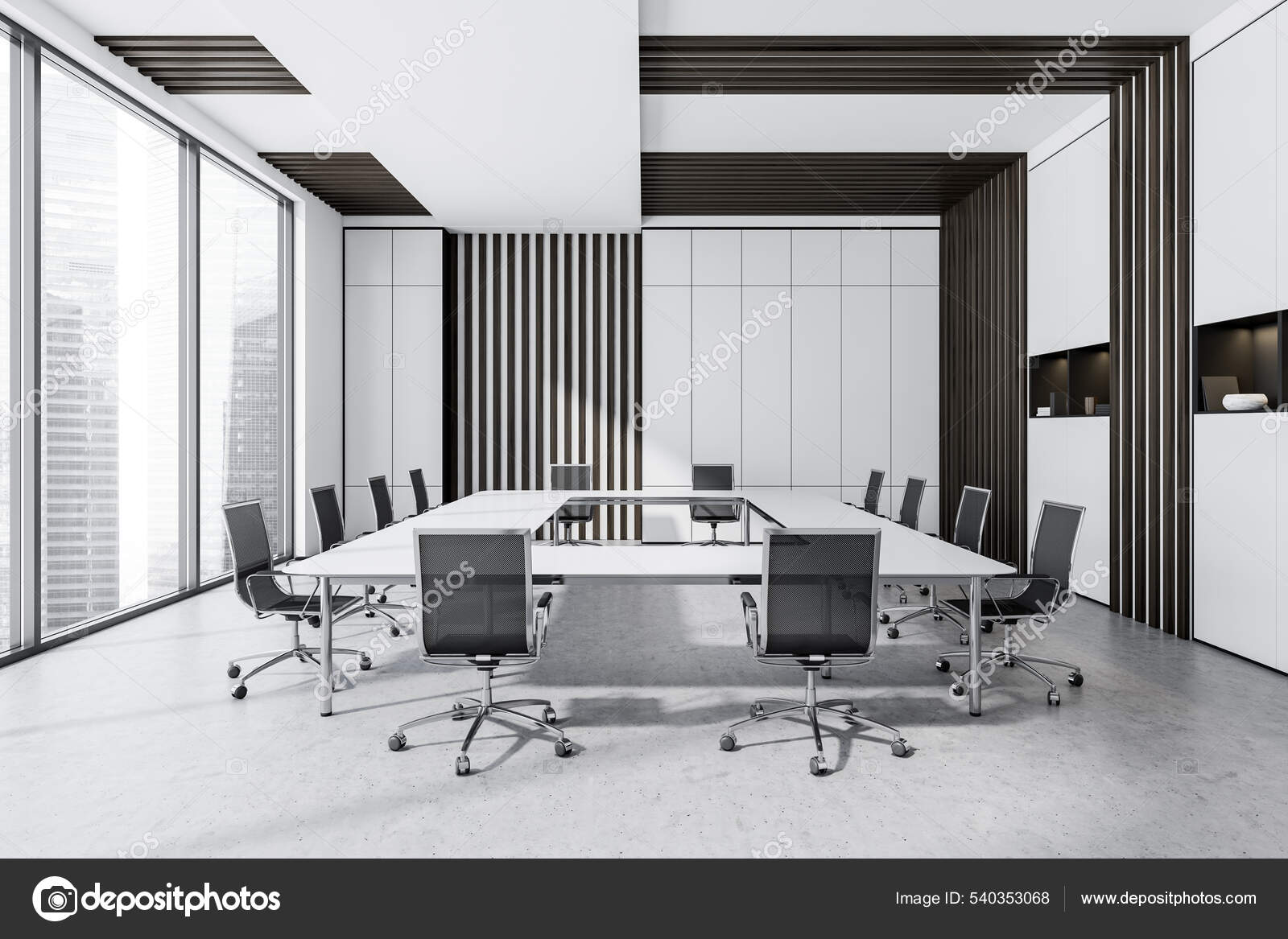 Minimalist White Conference Room Interior Shape Table Twelve Office ...