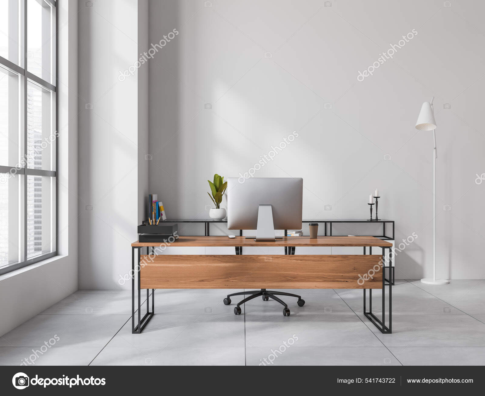 Light Workplace Room Interior Wooden Table Computer Grey Tiled Floor ...