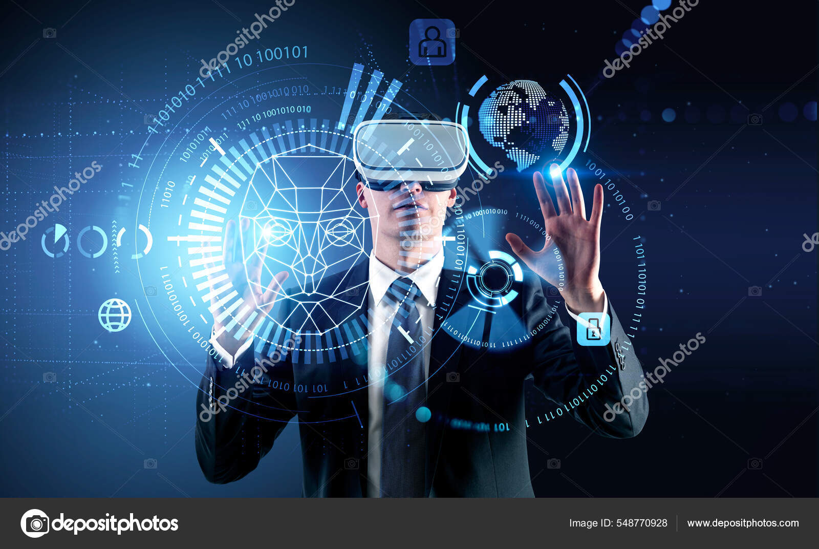 Businessman Glasses Hands Touch Digital Screen Biometric Scanning Face ...