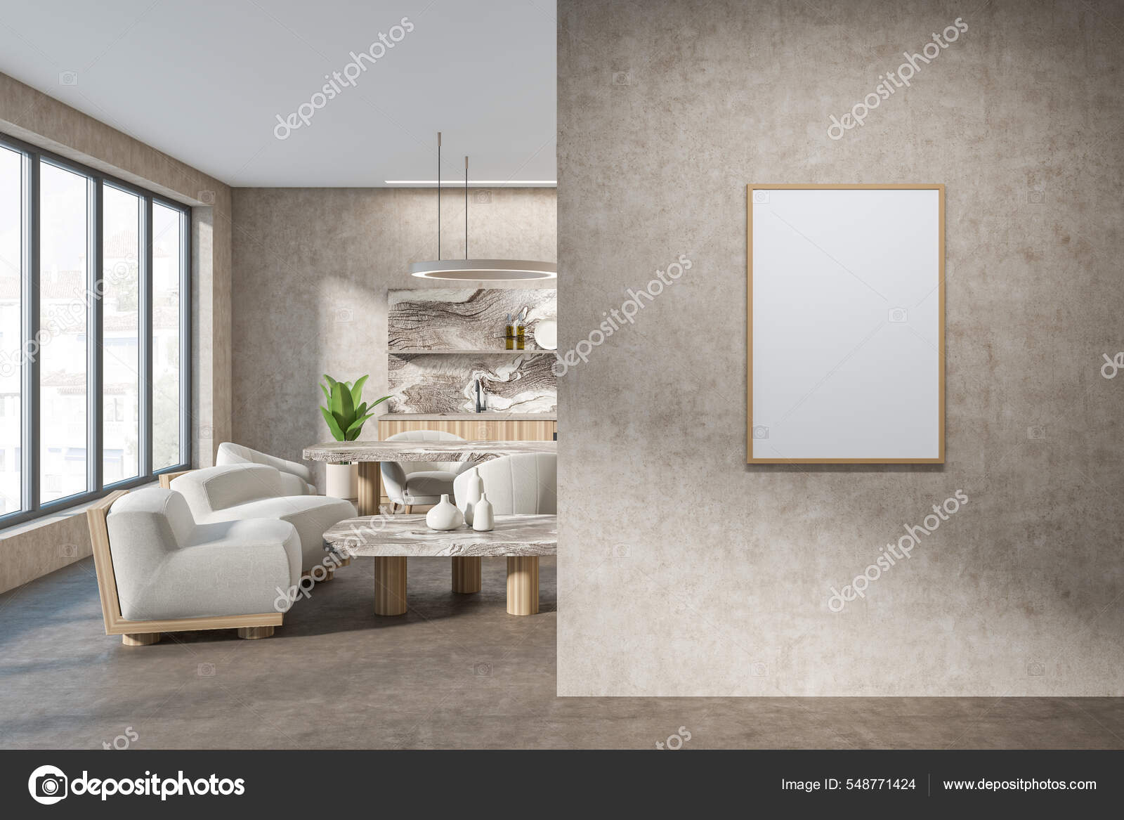 Bright Kitchen Room Interior Empty White Poster Dining Table Armchairs ...