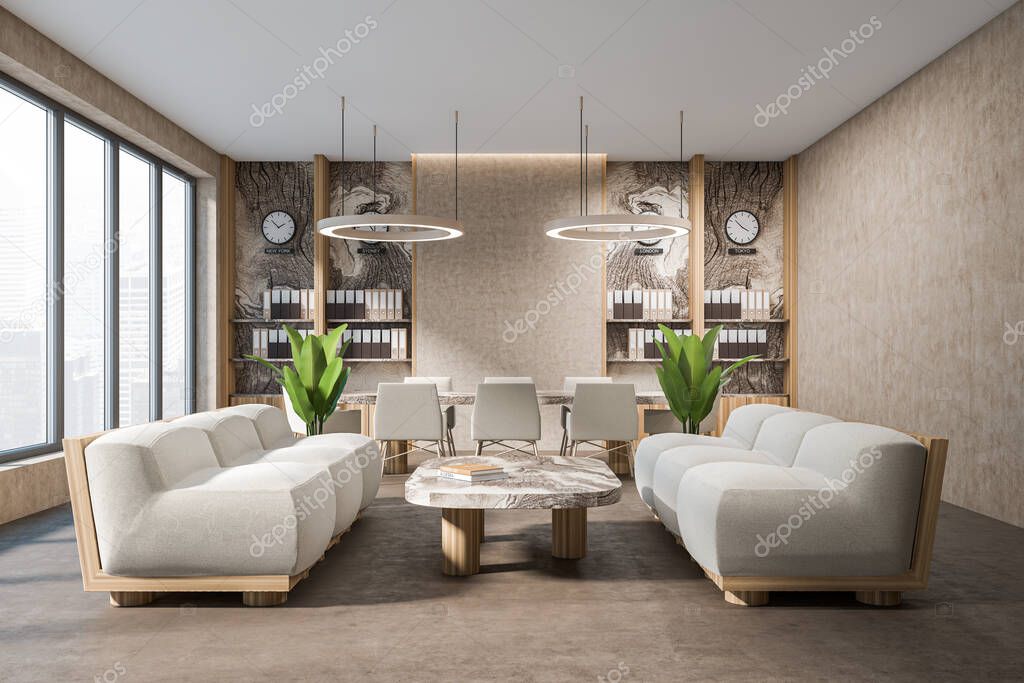 Vista frontal en luminoso interior de la sala de oficina con mesa de ...