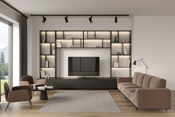 Sötét Nappali Belseje Fotelekkel Dohányzóasztallal Kanapé Készülék ...