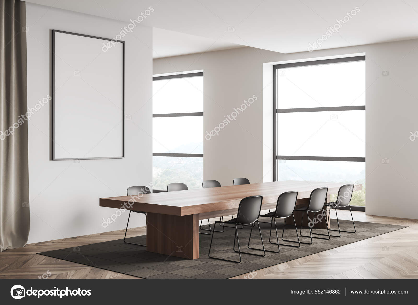 White Negotiation Room Interior Chairs Wooden Table Side View Carpet ...