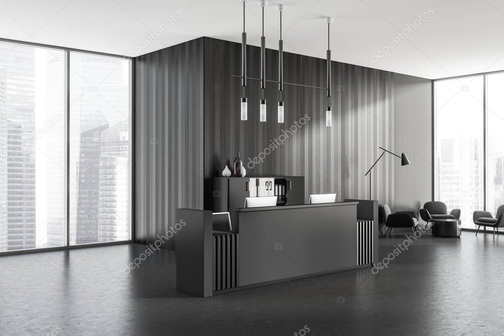 Dark reception room interior with pc computers on grey concrete floor ...