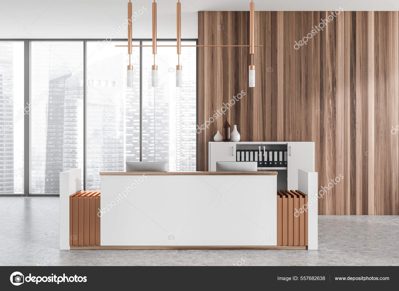 Wooden Reception Room Interior Two Computers Grey Concrete Floor ...