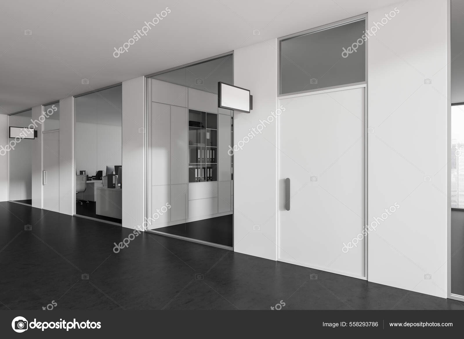 Office Interior Closed Rooms Furniture Doors Dark Concrete Floor Hall ...