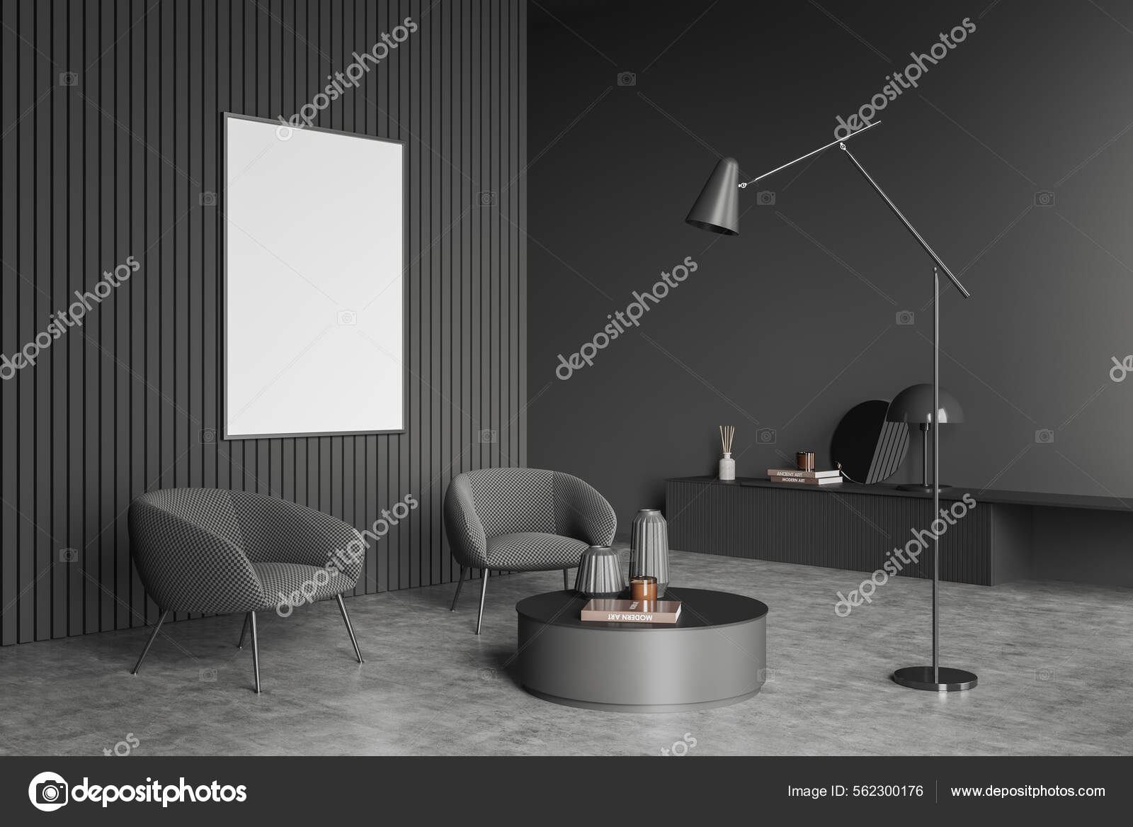 Dark Chill Corner Interior Two Armchairs Coffee Table Side View — Stok ...