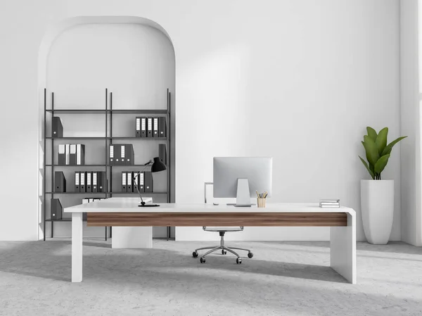 Front view on bright office room interior with desktop, empty white ...