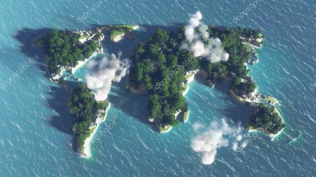 World map on the water, island with trees and clouds. — Stock Photo ...