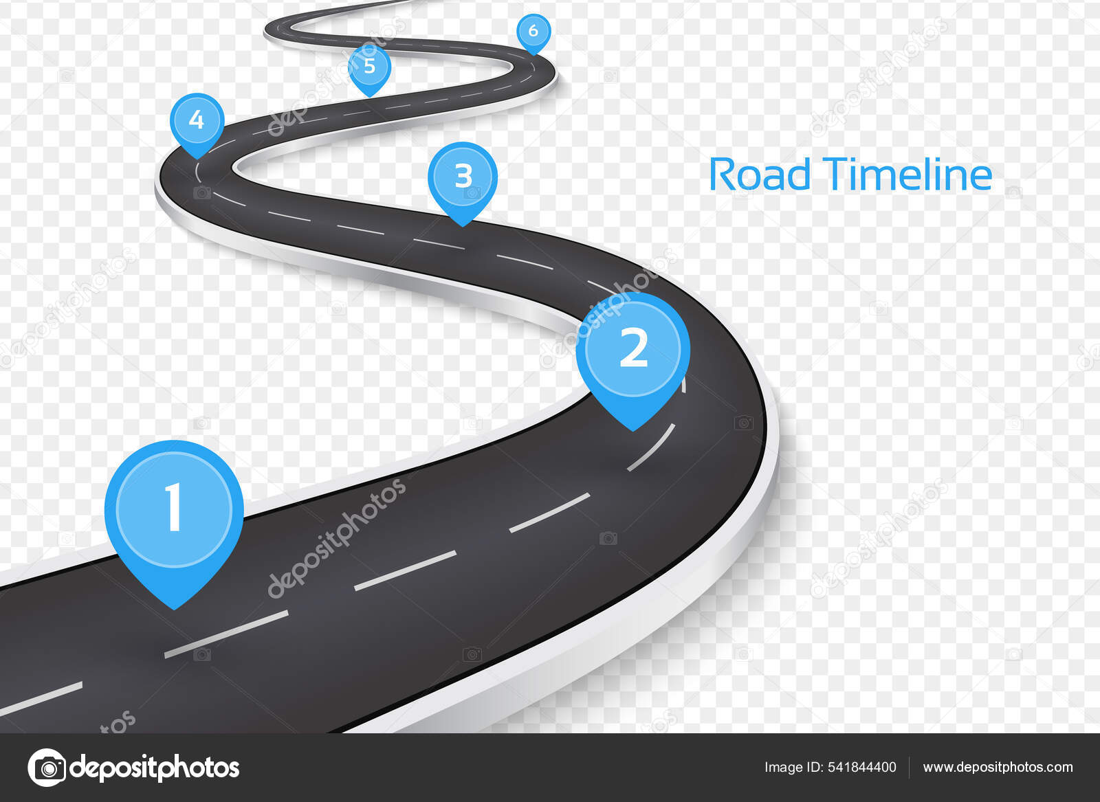 Winding 3D road concept on a transparent background. Timeline template ...