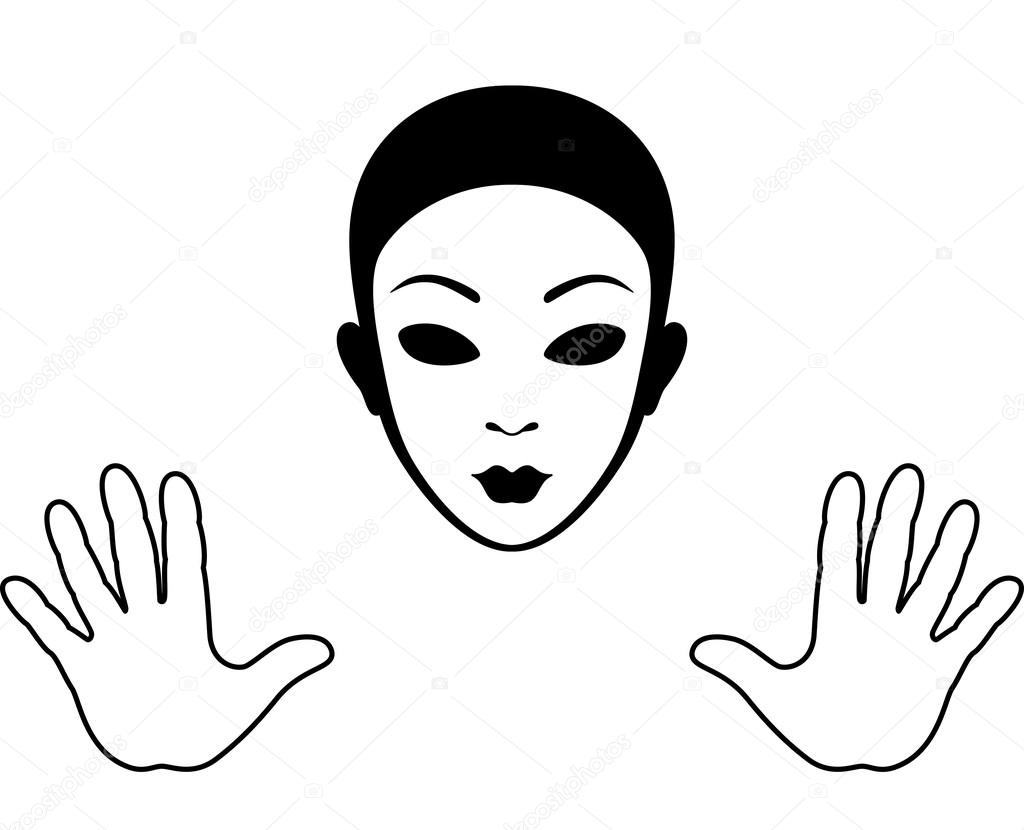 Máscara de Mimo y Manos Silueta Aislada en Blanco 2023