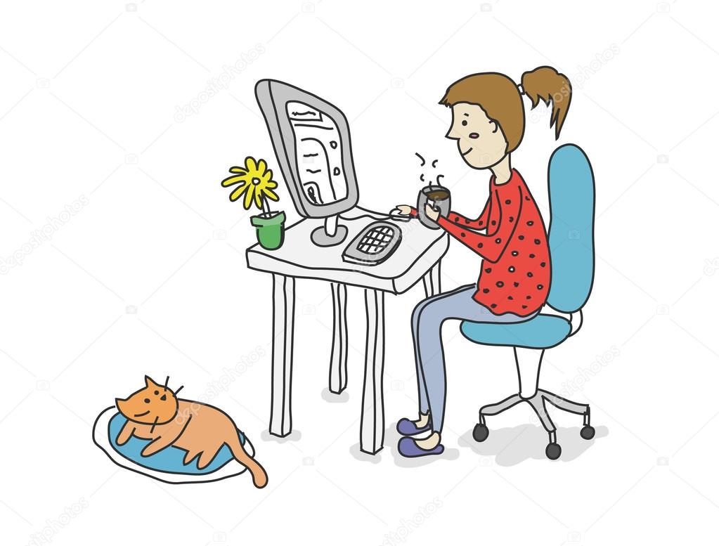 Girl drinking coffee with computer — Stock Vector © Irmun #50858435
