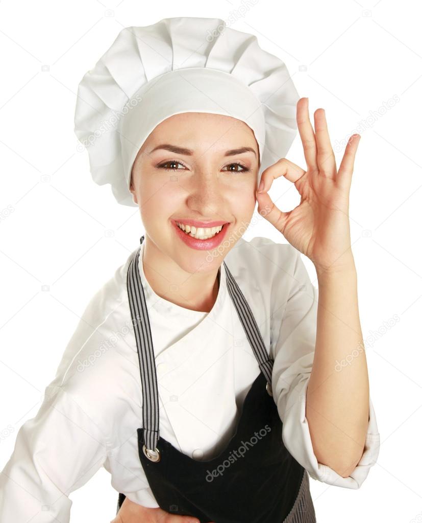 Attractive cook woman showing ok — Stock Photo © shefkate #39249829