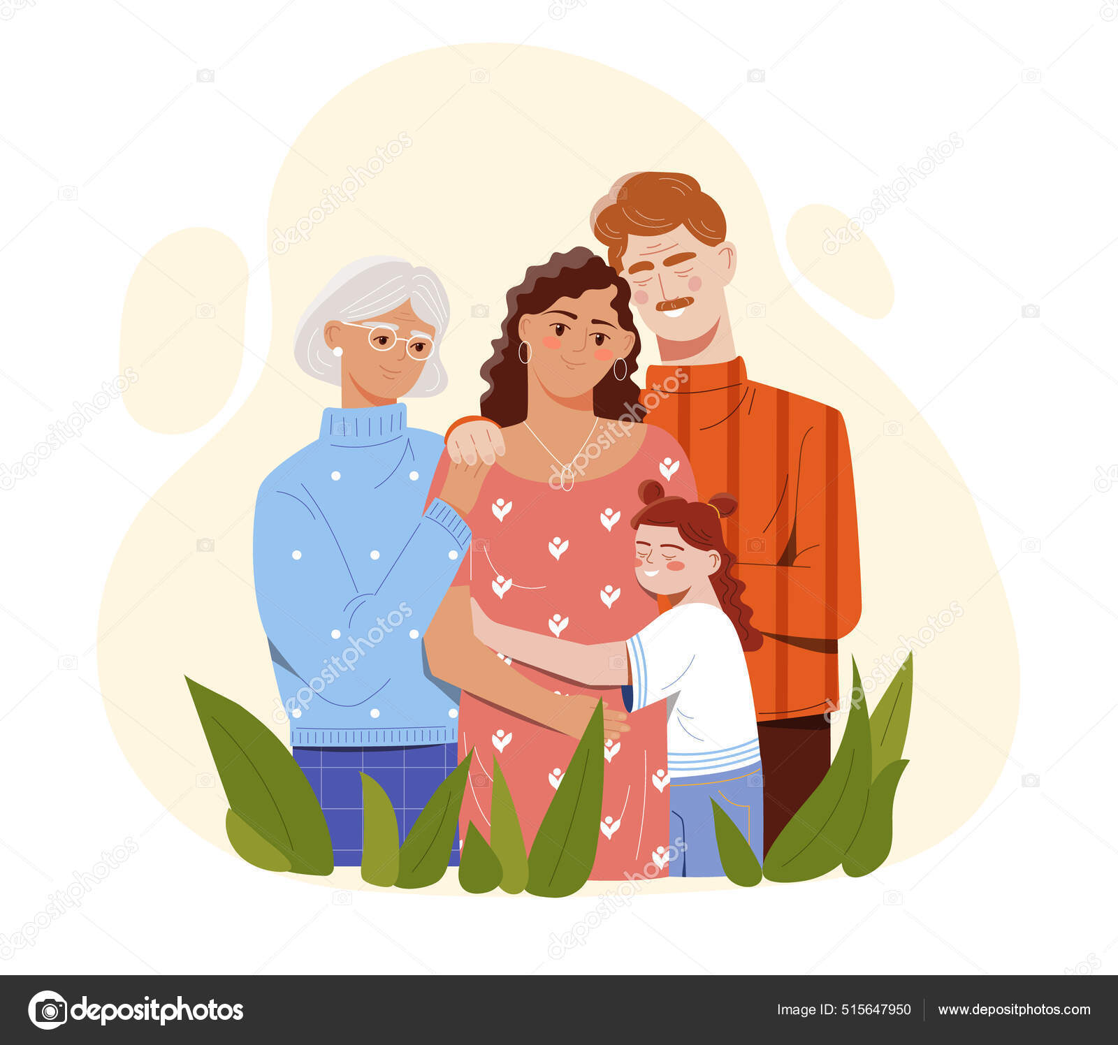 Madre sonriente, padre, hija y abuela se abrazan juntos Vector de stock por ©mentalmind 515647950