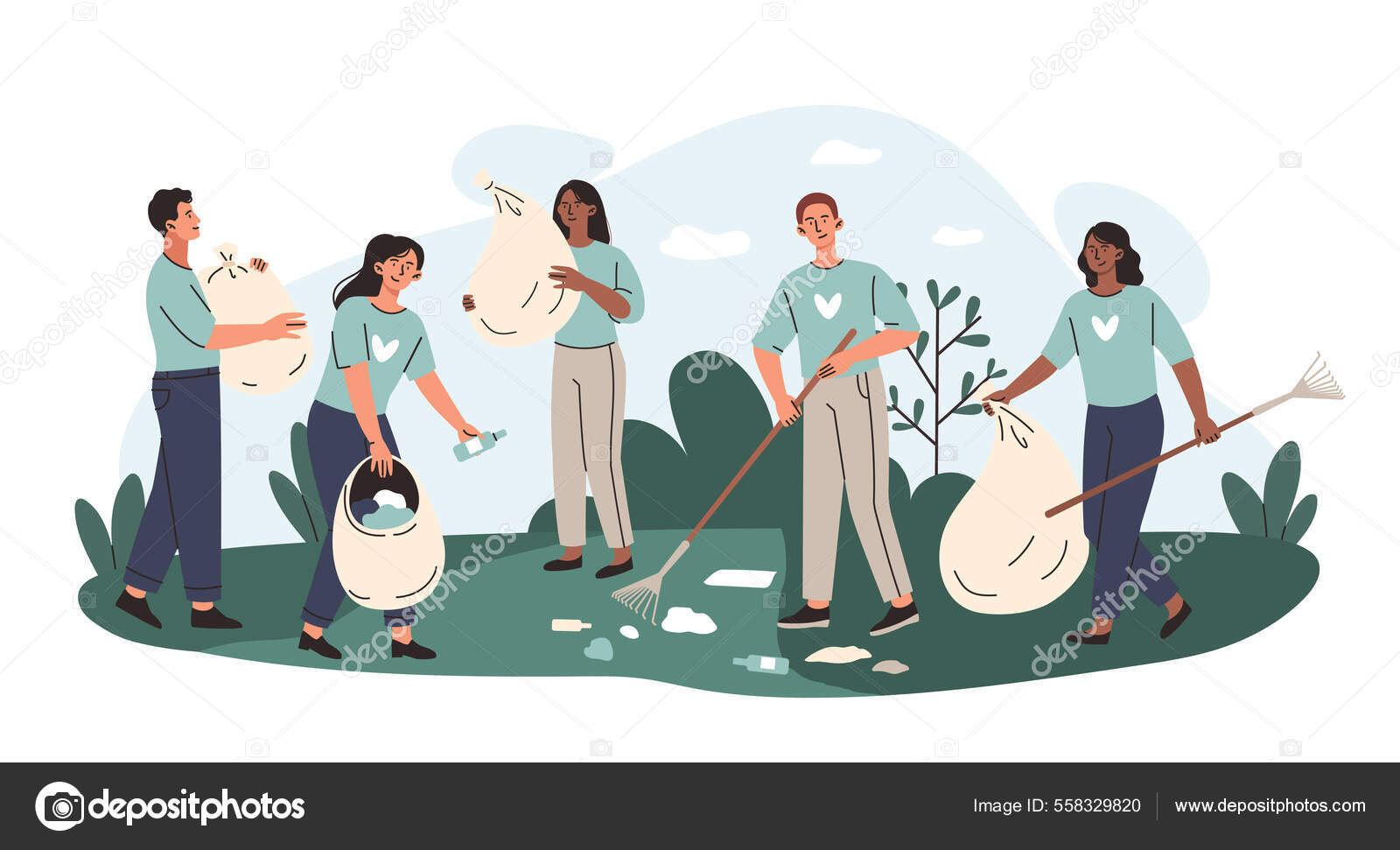 Volunteer Activity Concept Men Girls Nets Collect Garbage Characters ...