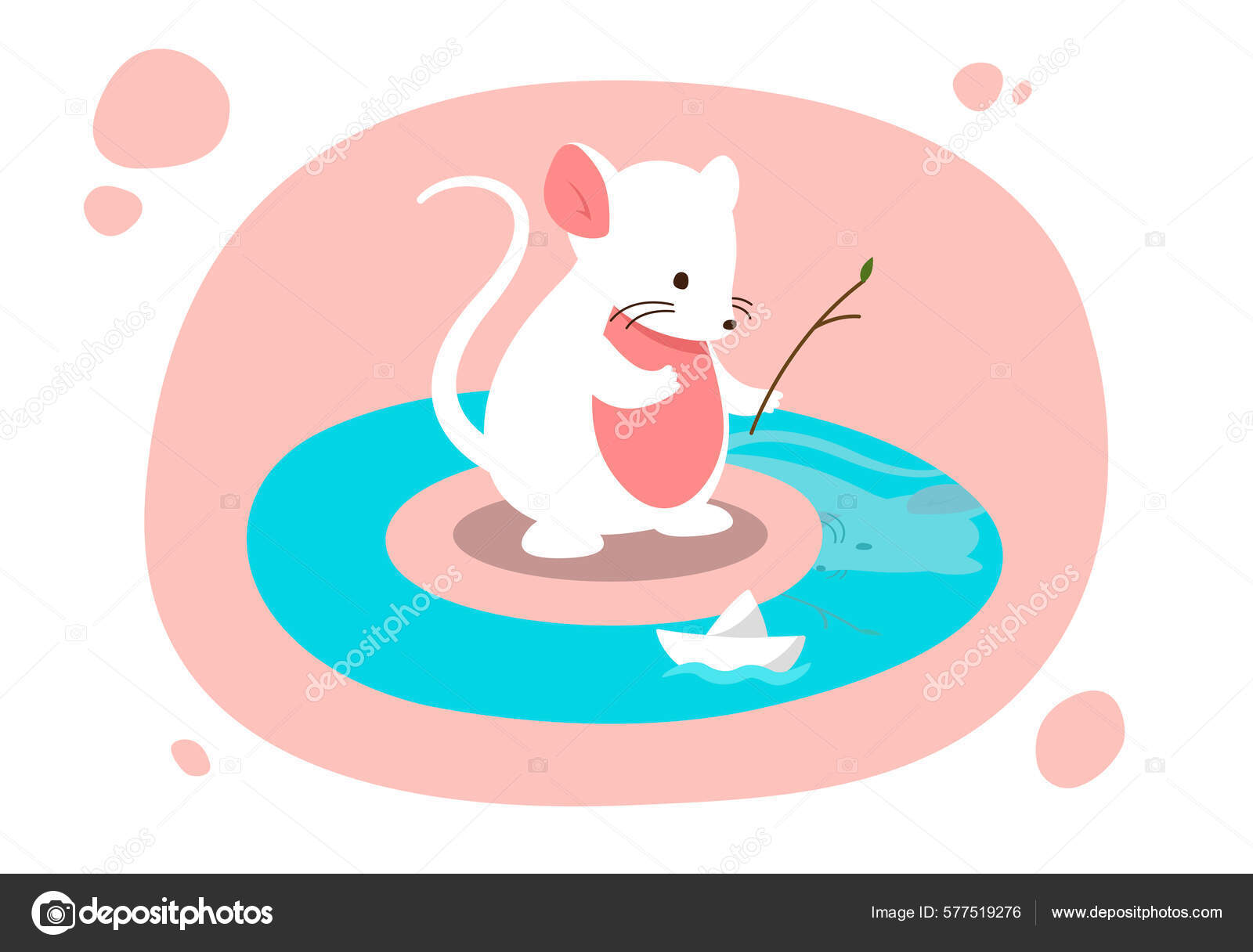 Mouse Launches Ship Cute Character Sends Bouncy Boat River Puddle Stock ...
