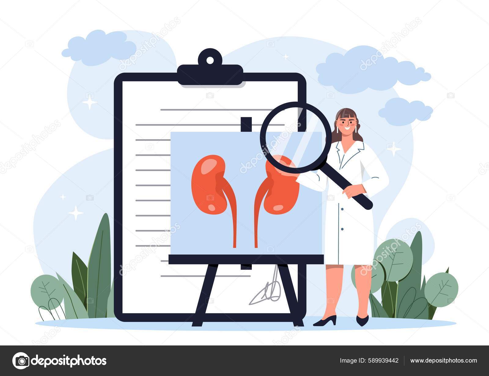 Kidney Treatment Concept Woman Magnifying Glass Examines Internal Organs Person 스톡 벡터 ...