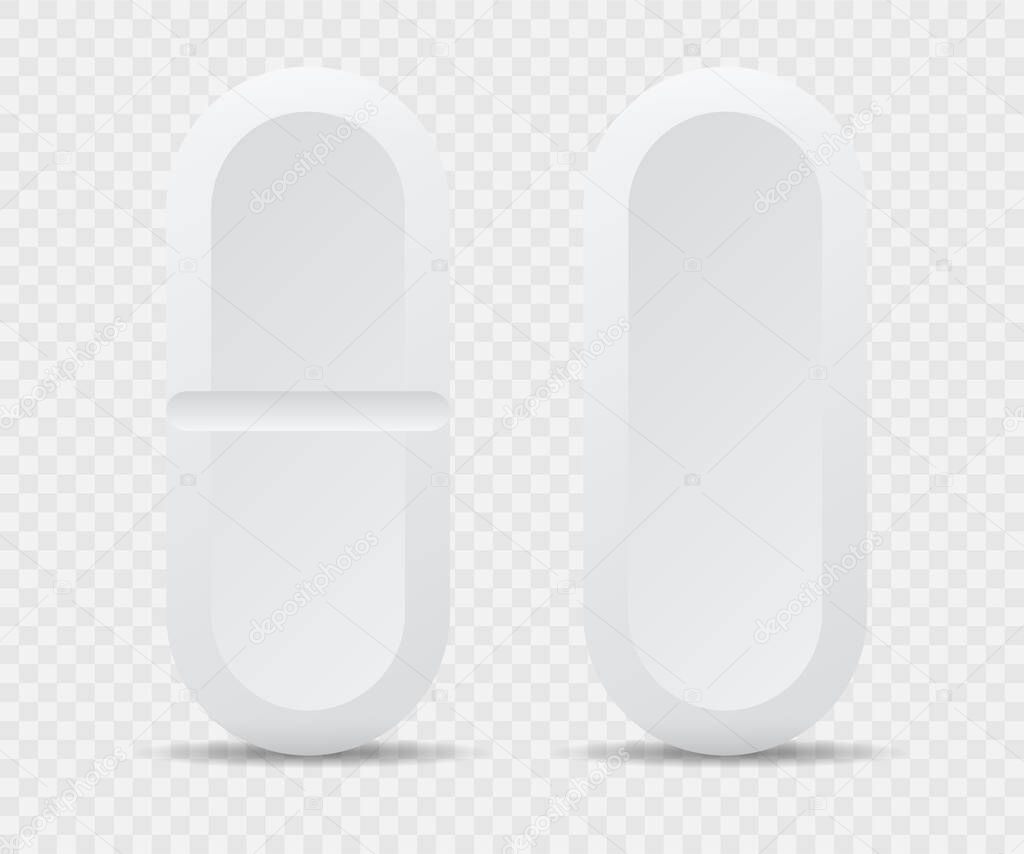 Realistic white pills. Set of oval shaped tablets with dividing line ...